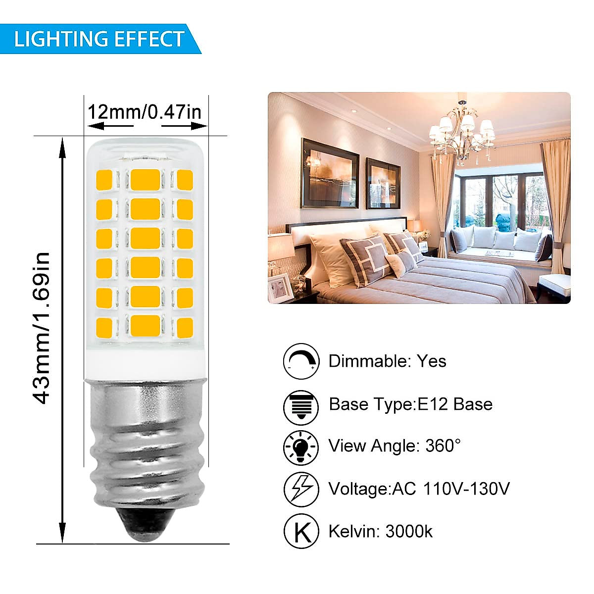 E12 LED Light Bulb Dryer Drum Lamp 120V Dimmable 2.5W Edison Candelabra Base Mini Lamp Warm White 3000k Equivalent 10W 15W 20W 25W Halogen Lamp 2835 SMD Salt Ceiling Fan Bulb Chandelier Pack of 5