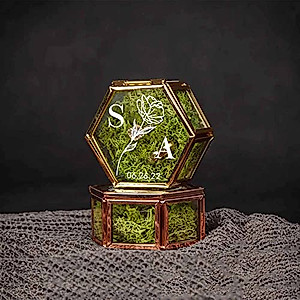 Getname Necklace Custom Hexagon Glass Ring Box with Moss for Wedding Ceremony Birthday Engagement Ring Box for Proposal Bearer Box with Names & Initials Ring Holder Jewelry Ring Boxes Organizer