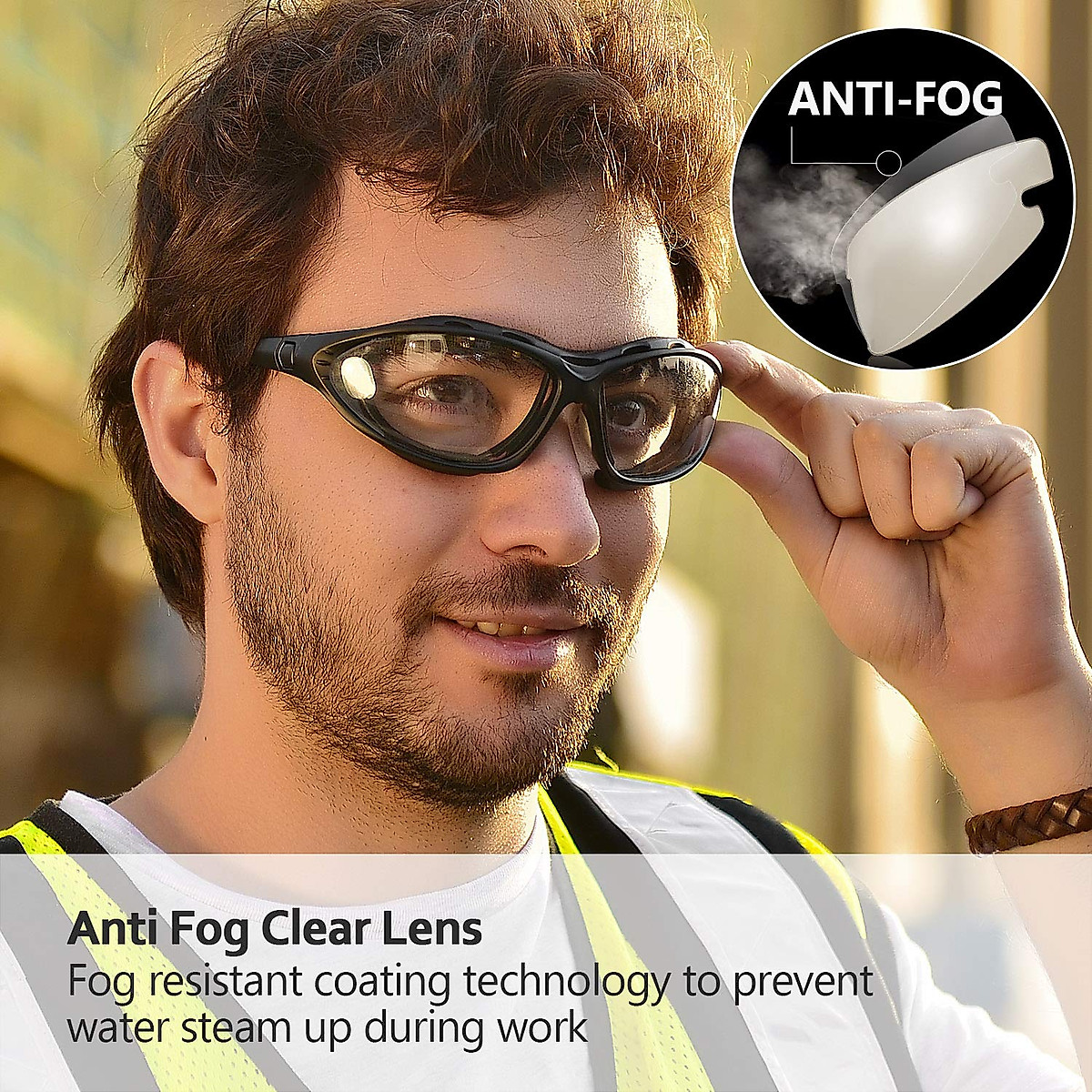 SAFEYEAR Anti Fog Safety Glasses- SG002 Clear Scratch Resistant Work Glasses No-Slip Safety Goggles Lab Grinding Chemistry
