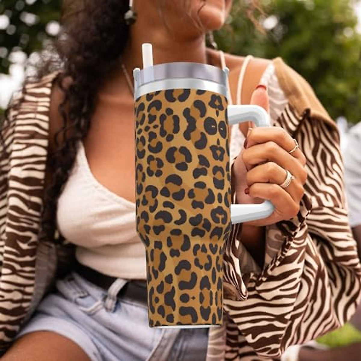 HULIBIN Yellow Leopard Print Double Deck Stainless Steel Travel Coffee Cup With Lid 40 Oz Ice Bully Cup
