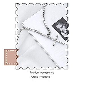 Gangel Silver Vertical Cross Tennis Necklace Glittering Chain Simple Fashion Pendant Exquisite Choker Jewelry with Rhinestone for Women (Pack of 1)