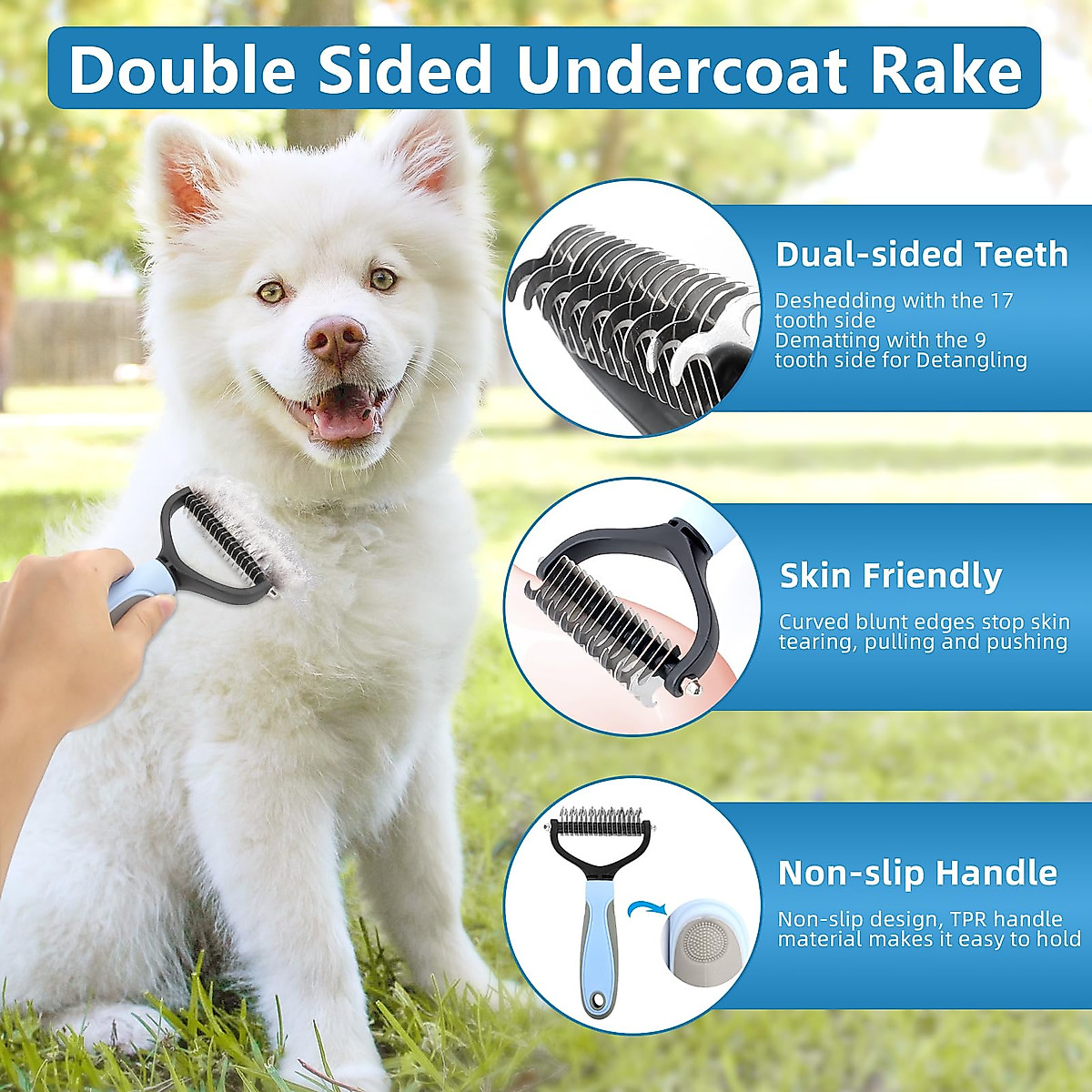 Lanswood Dog Brush Dog Grooming Kit 6PCS Dog Brush for Shedding-Dog Brushes for Grooming, Dematting Comb for Dogs, Cat & Dog Nail Clipper with Nail File, Flea Comb, Dog Bath Brush-Blue