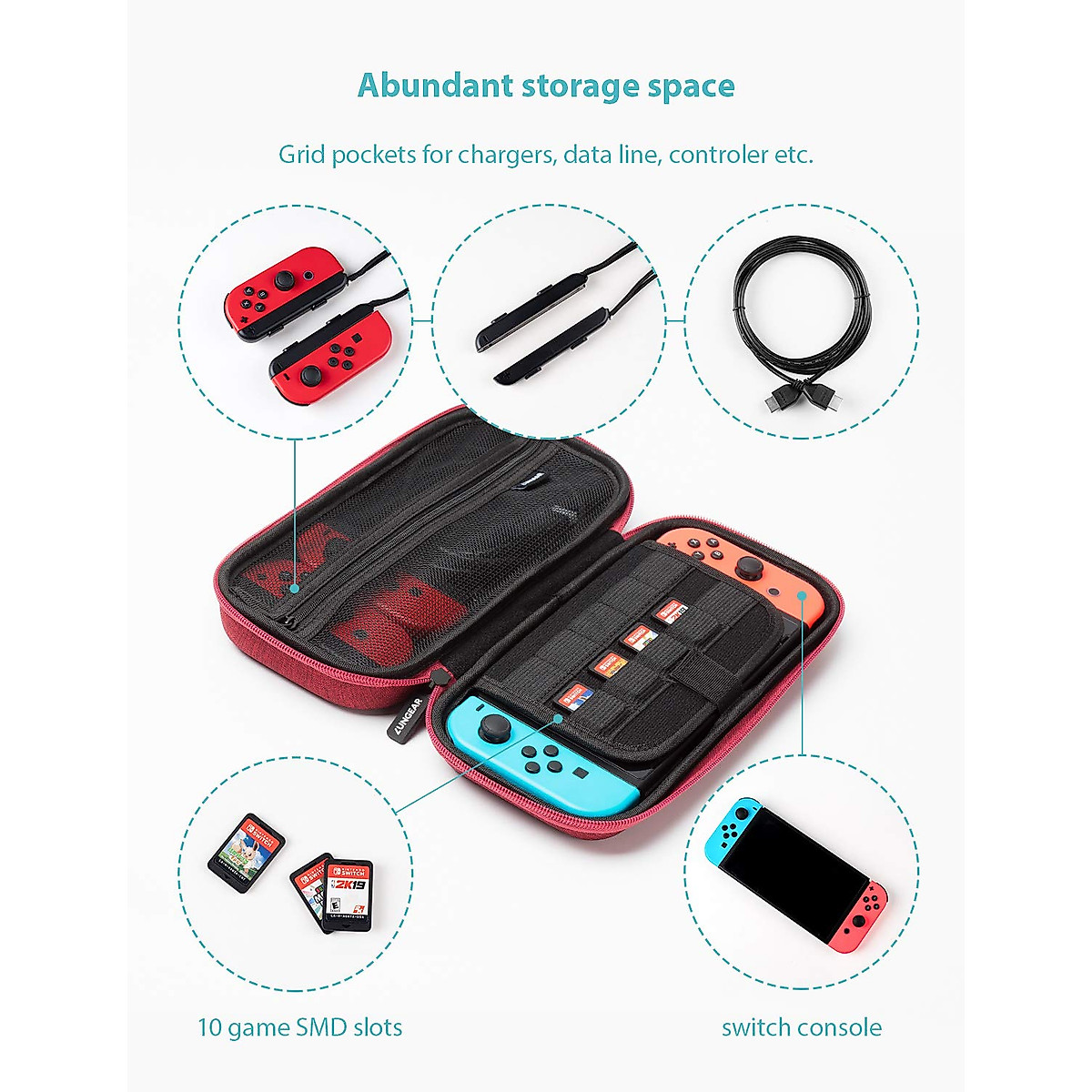LUNGEAR Carrying Case Compatible for Nintendo Switch with 10 Game Cartridge Holders, Protective Hard Shell Travel Carrying Case Pouch for Nintendo Switch Console & Accessories,Red