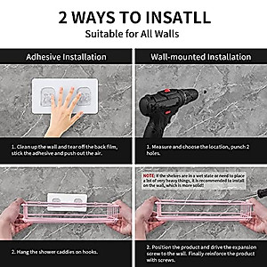 TONLEA Shower Caddy, Shower Organizer for Bathroom, 3-Pack Rustproof Stainless Steel Shower Shelves with Soap Dish and 4 Hooks for Bathroom Storage, Adhesive or Drilling Kitchen Organization, Pink