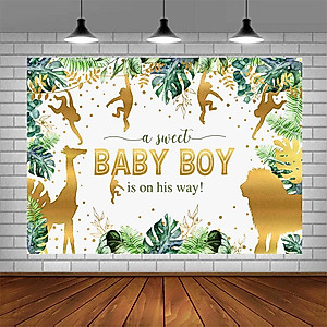 AIBIIN 7x5ft Jungle Safari Animals Baby Shower Backdrop Boy Baby Shower Party Decorations Baby Boy is On His Way Baby Shower Party Banner Photo Booth Props