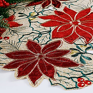 OWENIE Christmas Placemats Set of 4, Embroidered Applique Round Placemats Set of 4, Red Velvet Poinsettia Flower Linen Table Mats for Holiday Kitchen Dining Table Decorations (15 Inch)
