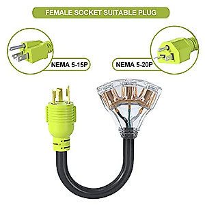 AOWEITOUR RV 30 Amp to 110 Adapter Generator Power Cord, 3 Prong 30 Amp Adapter Plug to 20 Amp Twist Lock Socket,NAMA L5-30P Male Plug to 3X 5-20R T-Blade Female,10 AWG STW (1.5FT)