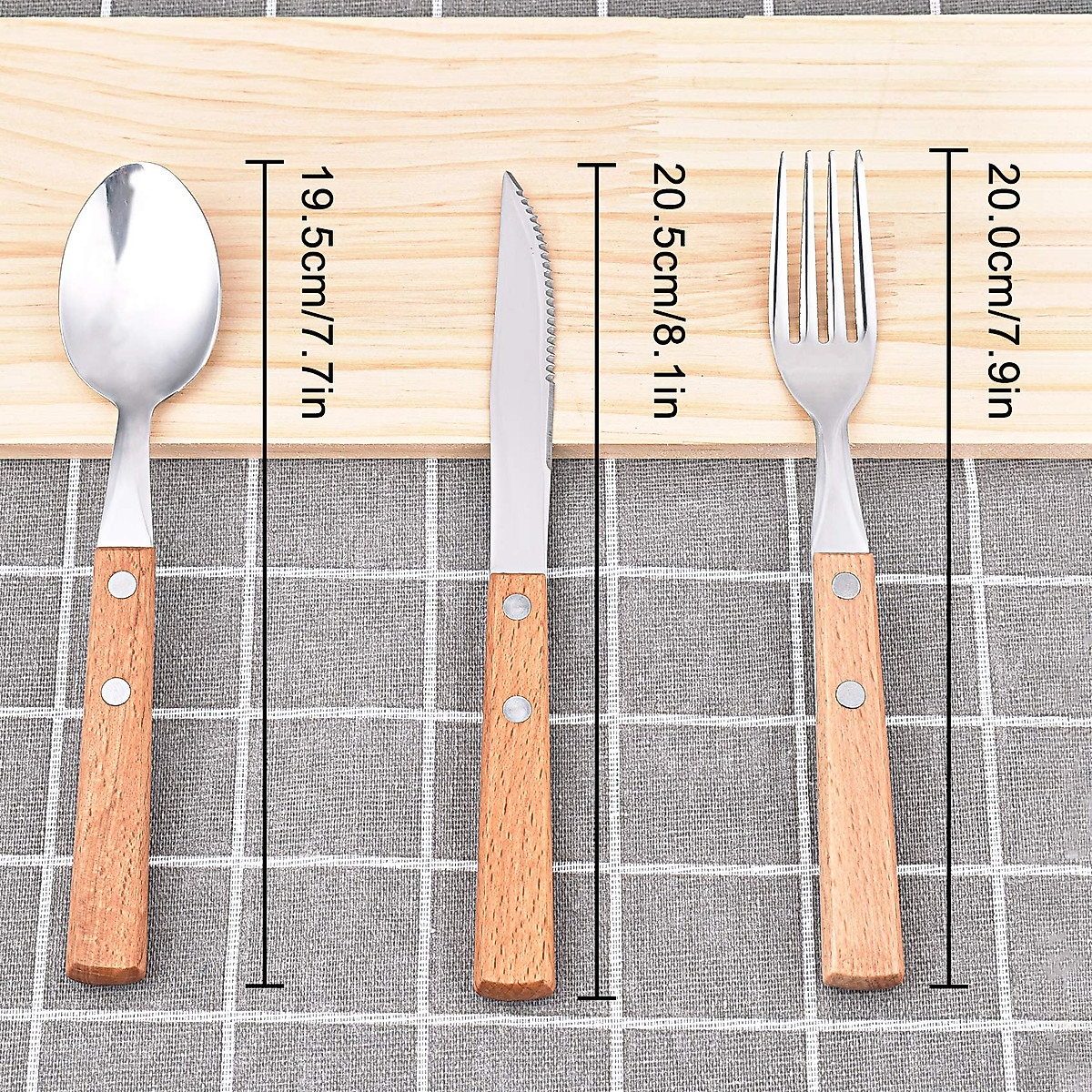 Lnrkai Cutlery Sets of 6, Dinner Spoons, Knife and Fork Set, Stainless Steel with Wooden Wide Handles, Flatware Set Tableware Dinnerware, Service for 2 Adult