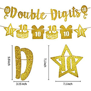 Excelloon Double Digits 10th Birthday Party Decorations - Double Digits Banner with Cake Gift Star Decorations - Gold Glitter Happy 10 Year Old Birthday Banner Decorations Supplies for Boys & Girls