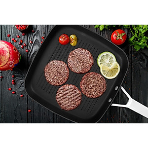 MsMk Square Grill Pan with Lid, 9.5 Inch Titanium and Ceramic Nonstick Grilling Skillet Pan，Stay-Cool Handle，Compatible with All Stovetops，PFOA Free，Dishwasher & Oven Safe，Indoor Chicken Skille