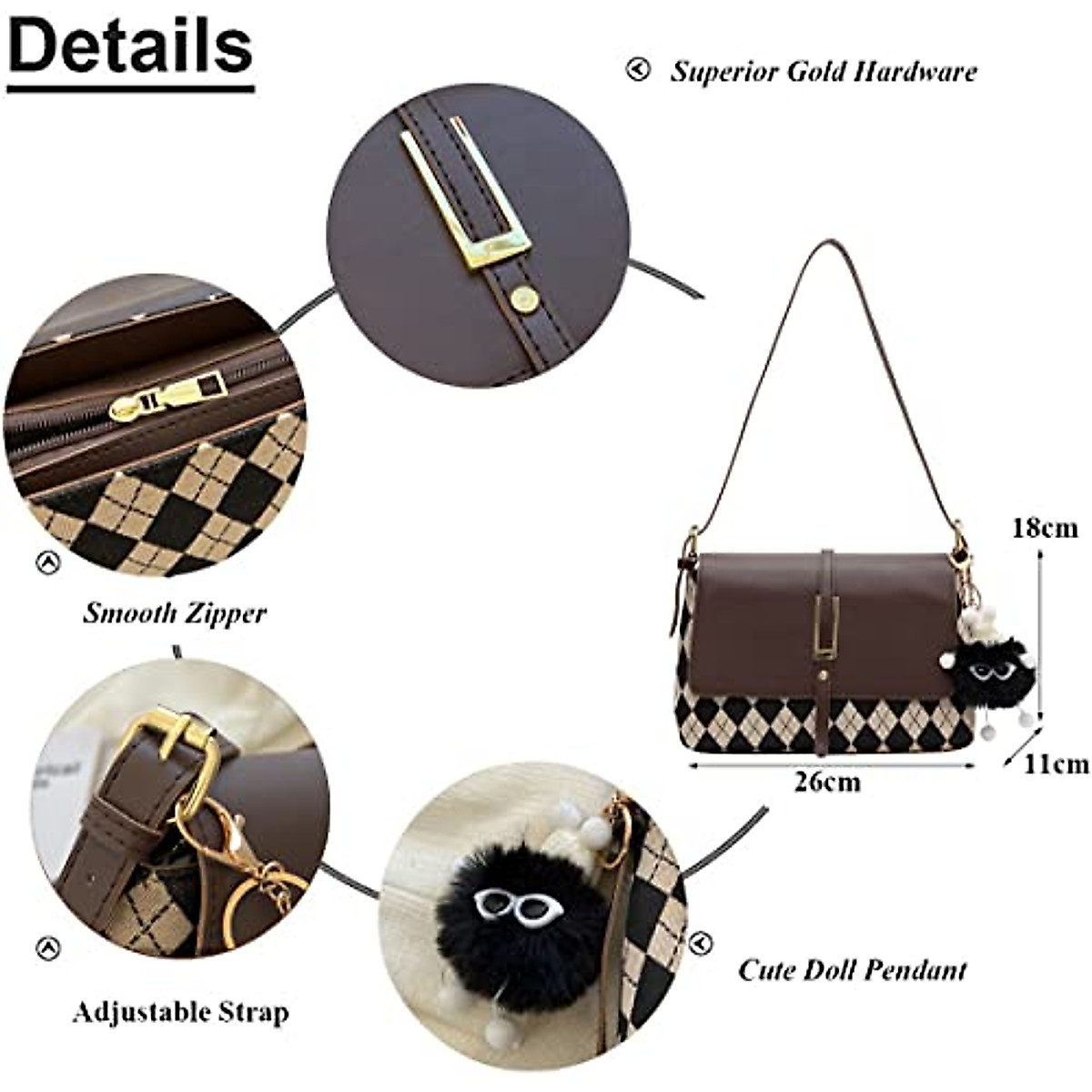 RTGGSEL Retro PU Leather Flap Shoulder Handbags for Women Quilted Lattice Tote Purse Ladies Designer Satchel Hobo Bag with Doll Pendant (Coffee)