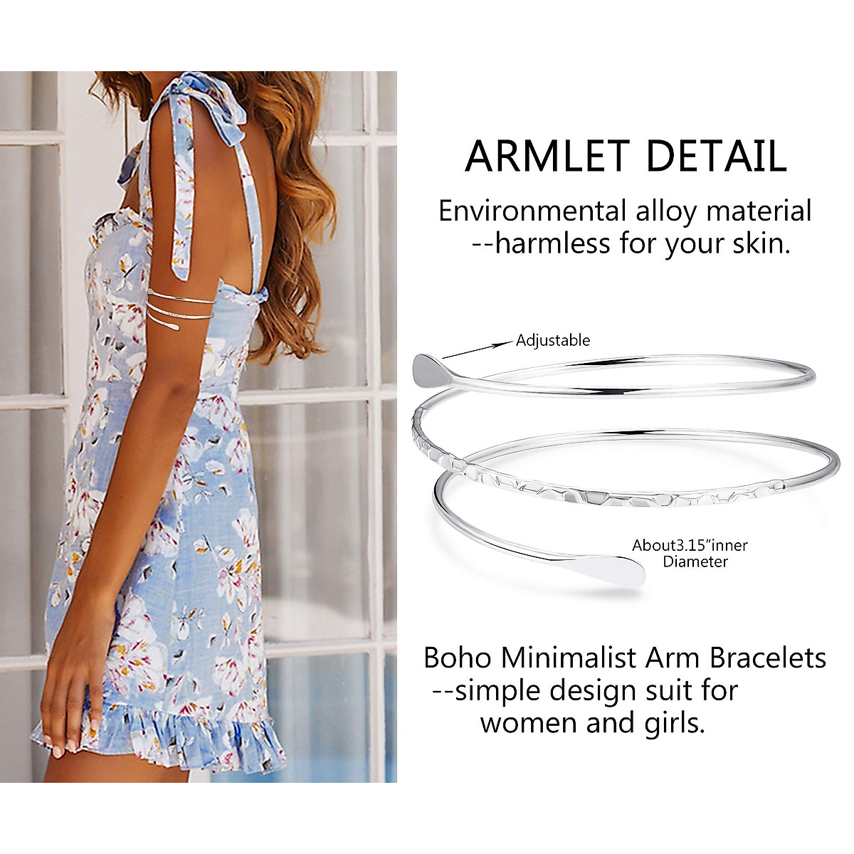 Jstyle 4Pcs Coil Upper Arm Cuff Open Arm Bracelet for Women Victorian Filigree Swirl Boho Armband Bangle Armlet Adjustable