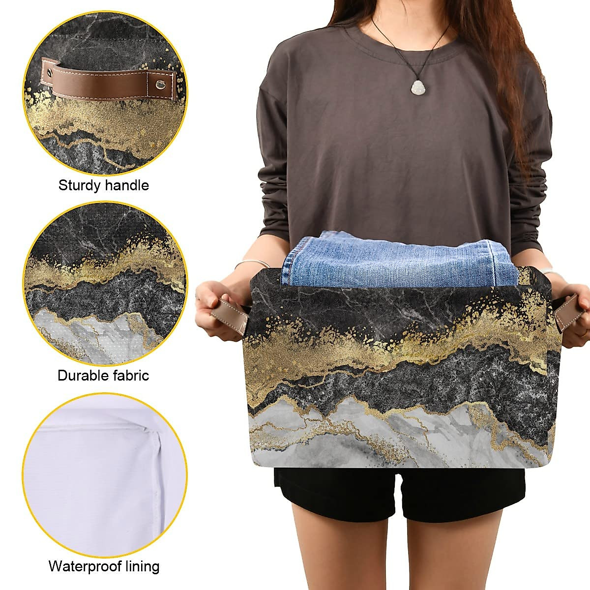 Gold Black Marble Square Storage Basket Storage Bins Canvas Storage Organizer Closet Shelf Organizer for Home Office, 2 Pc