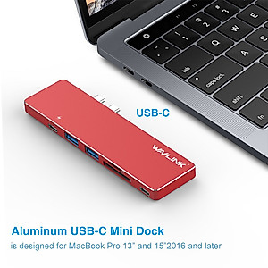 Wavlink USB-C Hub Aluminum Type-C Adapter for Apple MacBook Pro 2016 and 2017-40GB/S Thunderbolt 3 5K@60Hz, USB-C Data Port, 2 USB 3.0, SD/Micro SD Card Readers with Leather case-Red