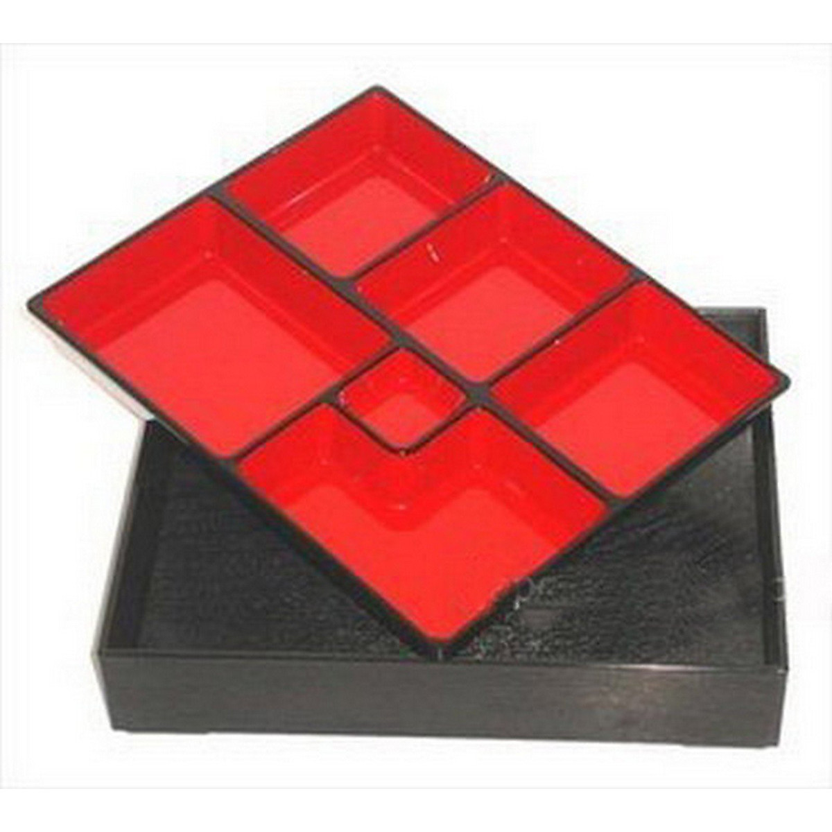 JapanBargain 1591, Red and Black Japanese Traditional Plastic Lacquered Lunch Bento Box 6 Compartments for Restaurant or Home Tray and Plate 2pc Set Made in Japan, 11.75"x9.5"