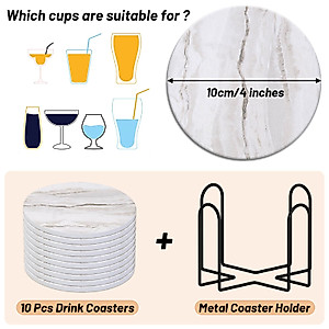 Caffox Drink Coasters with Holder for Coffee Table, Absorbent Coaster Sets of 10, Marble Style Ceramic Coaster for Wooden Table, Suitable for Kinds of Cups, Home Decor, 4 Inches(Griege)