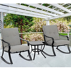 Omelaza 3 Pieces Outdoor Rocking Bistro Set, Patio Steel Furniture, Porch Chairs Conversation Set with Thickened Cushion and Glass Top Coffee Table (Grey)