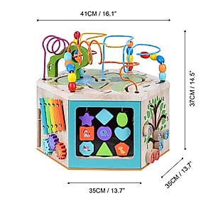 Teamson Kids Preschool Play Lab 7-in-1 Large Wooden Activity Cube Station Center Bead Maze and Counting for Kids Baby Toys, Natural