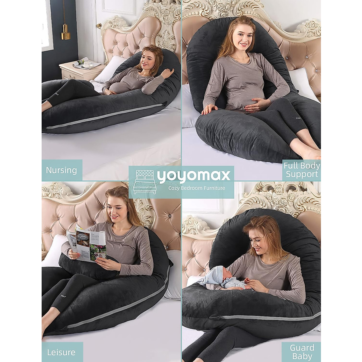 yoyomax Pregnancy Pillows, C Shaped Full Body Maternity Pillow Memory Foam Pregnancy Pillow with Removable Cover, 52 Inch Pregnancy Pillows for Sleeping (Black)