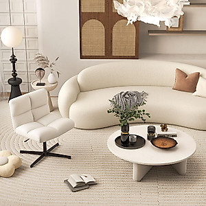 Giantex Criss Cross Chair, Faux Fur Armless Cross Legged Office Desk Chair No Wheels, Height Adjustable Computer Swivel Task Chair, Modern Wide Seat Boucle Vanity Chair for Home Office, White