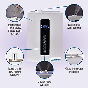 Lasko UH300 Warm and Cool Humidistat and Timer, Quiet, Soothing Ultrasonic Dual Mist Humidifiers for Baby Nursery, Bedroom, Kids, Large Room and Home, 4.9L Tank, No Filter, White