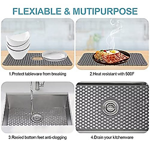 Silicone Sink Protectors for Kitchen - UFU Grey Silicone Sink Mat Grid Accessory with Center Drain, Kitchen Sink Protector（24.8"x 12.9"）