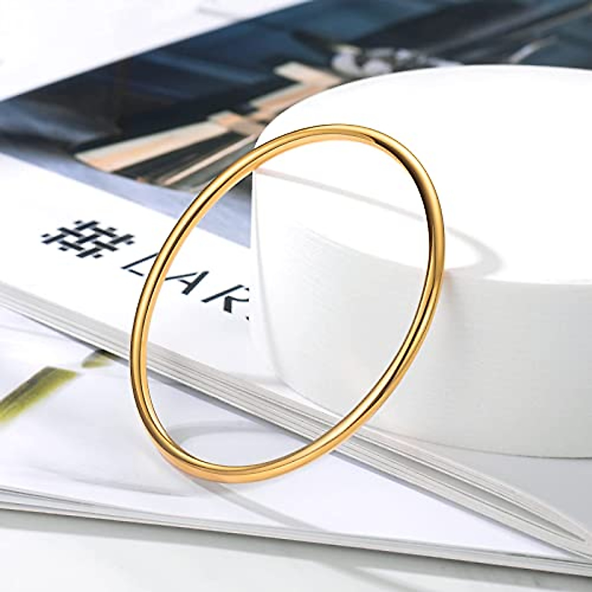 Kainier 3mm 14K Gold Plated Bracelet Stainless Steel Glossy Stackable Thin Round Bangle Bracelet for Women Oval Solid Plain Polished Bracelet Best Gifts for Love