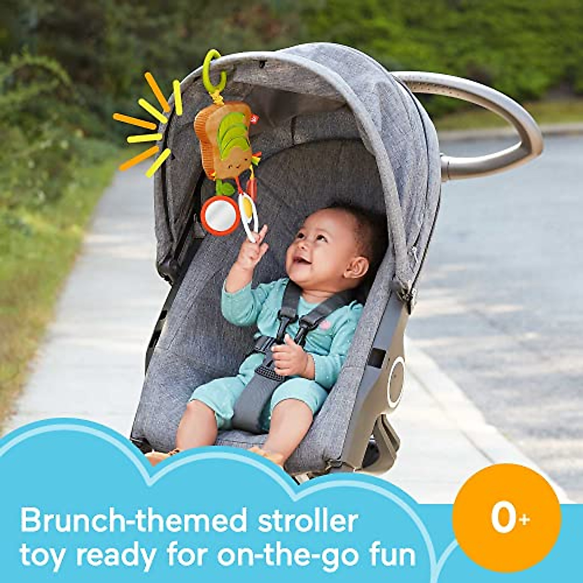 Fisher Price Pretend Food Brunch & Go Stroller Toy with 3 Breakfast-Themed Hanging Sensory Toys for Take-Along Play