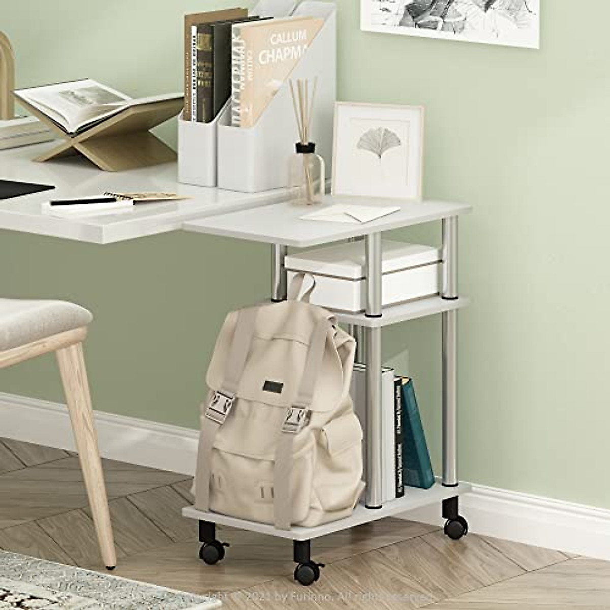 Furinno Turn-N-Tube U-Shaped Side Table with Casters, White Oak/Stainless Steel