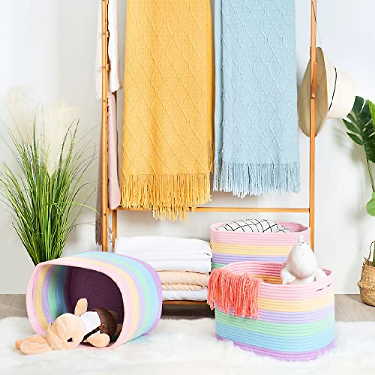 MINTWOOD Design 3-Pack Storage Baskets for Shelves, Playroom and Classroom Storage Basket, Book Basket, Decorative Storage Cube Bins, Woven Closet Organizers, Nursery Baskets, Pastel Rainbow