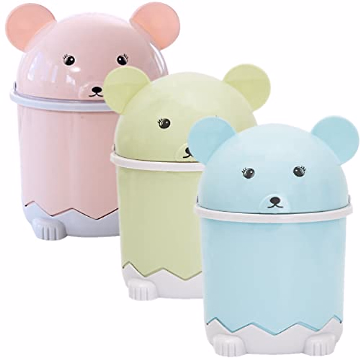 Operitacx 3Pcs Plastic Mini Wastebasket Trash Can with Swing Lid Tiny Desktop Waste Garbage Bin for Home Office Kitchen Vanity Tabletop Bedroom Bathroom Blue Green Pink