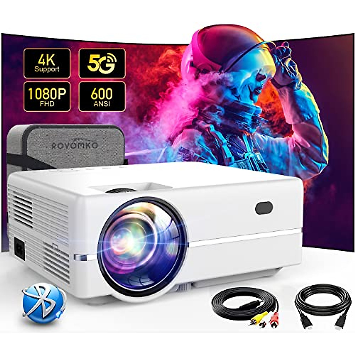 [Upgraded 2023] Projector, 1080P Projector with WiFi and Bluetooth, 600 ANSI 18000 Lumens, ROVOMKO Outdoor Movie Projector, Two-Way Bluetooth 5.1, 4K LED Projector Home Theater, Carry Bag Included