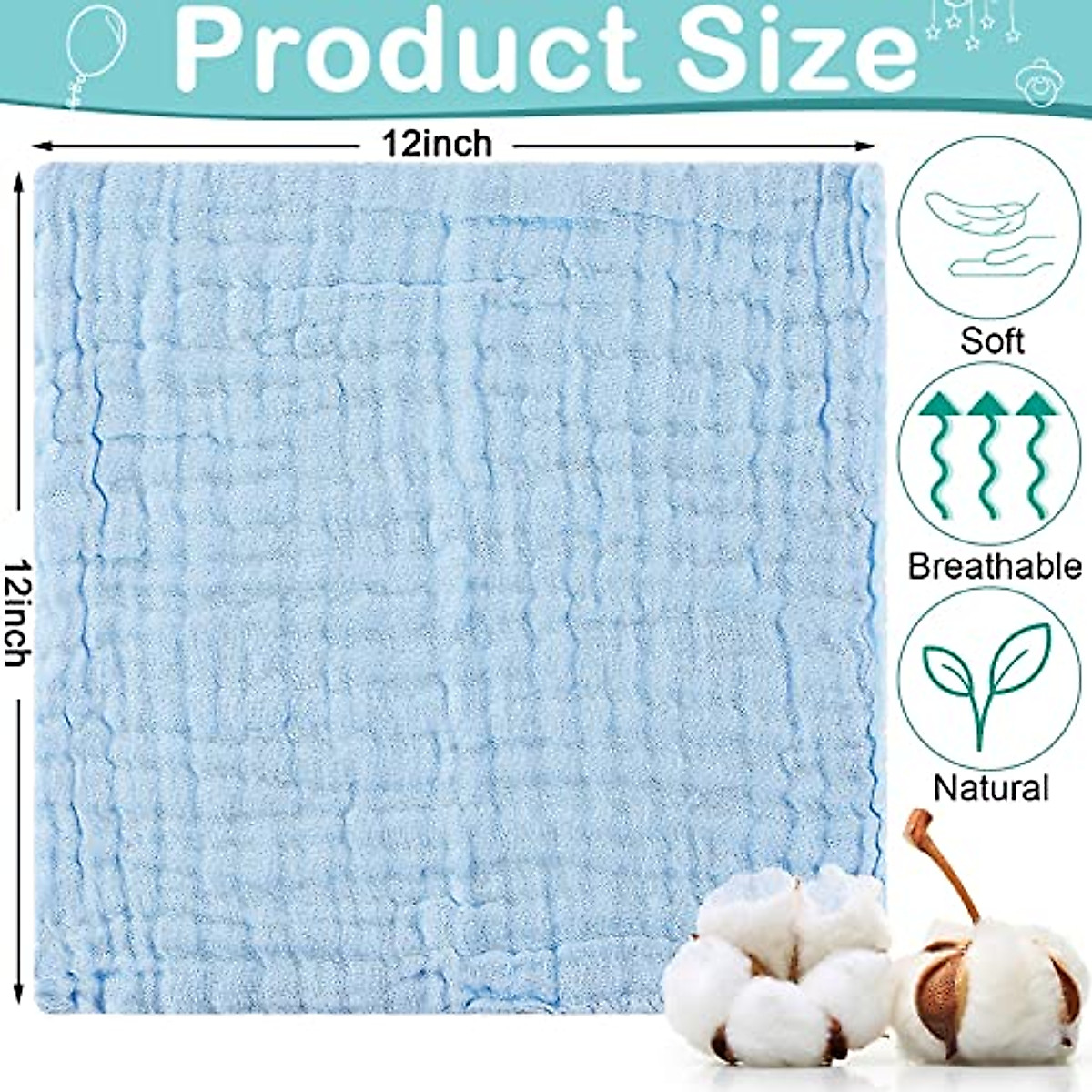 30 Pcs Baby Natural Cotton Burp Cloths Baby Wipes Soft Newborn baby face Towel Absorbent muslin washcloth for Bath Shower, 12 x 12 Inches