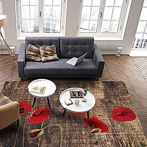 Indoor Area Rugs, Poppy Flower Wooden Background Non-Slip Rubber Backing Rug, Non-Shedding Floor Carpet Washable Throw Rug for Living Room Bedroom Dining Home, 4' x 6'