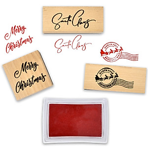 Christmas Wooden Rubber Stamps Set of 3 Merry Christmas Santa Claus Signature and North Pole Reindeer Mail Stamp with Red Ink Pad for Holiday Xmas Letter Envelopes Gifts Letters to and from Santa