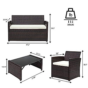 4 Pieces Outdoor Patio Furniture Set Brown Wicker Rattan Cousioned Sectional Conversation Sofa with Coffee Tea Table for Backyard Porch Garden Poolside Balcony Beige