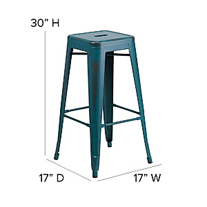 EMMA + OLIVER Commercial 30" H Backless Distressed Blue-Teal Metal Indoor-Outdoor Barstool