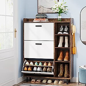 Tribesigns Shoe Cabinet, Flip Drawers Shoe Storage Cabinet for Entryway with 3 Flip Drawers and 5 Shelves, White Golden Freestanding Shoes Cabinet for Closet, Living Room, Bedroom (Brown/White)