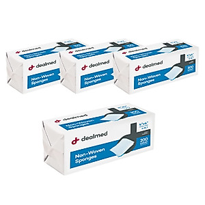 Dealmed 4" x 4" Non-Woven Gauze Sponges, 4-Ply All-Purpose Non-Sterile Gauze Pads, Absorbent Dental Gauze Wound Care for First Aid Kit/Medical Facilities, 200 Count (Pack of 4)