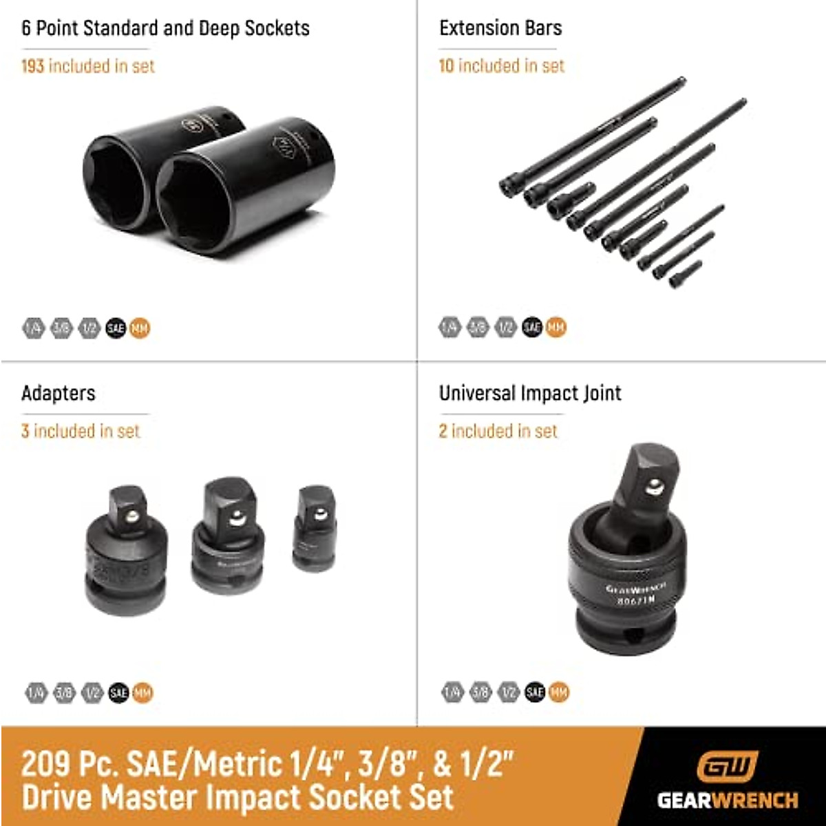 GEARWRENCH 209 Piece SAE/Metric 1/4", 3/8", & 1/2" Drive Master Impact Socket Set - 89072