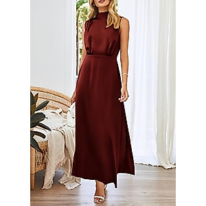 PRETTYGARDEN Women's Long Formal Satin Dress Mock Neck Sleeveless Side Slit Flowy Maxi Tank Dresses (Deep Red,Medium)