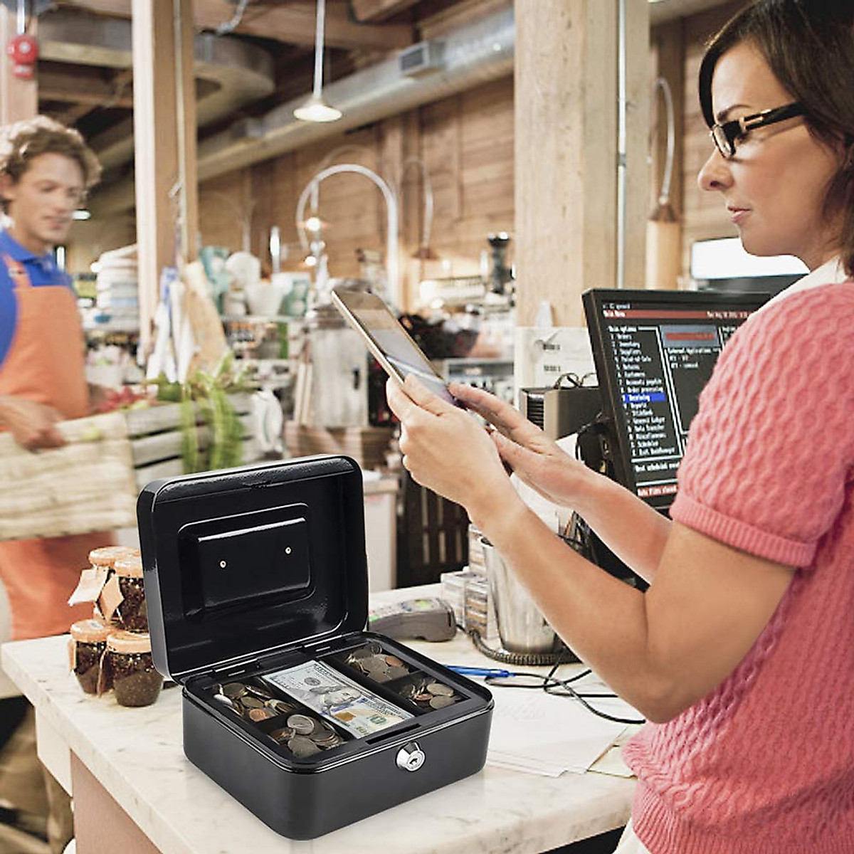 KYODOLED Medium Cash Box with Money Tray,Small Safe Lock Box with Key,Cash Drawer,7.87"x 6.30"x 3.54" Black Medium