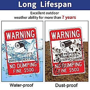 Warning No Dumping Fine $500 Sign, This Property Is Protected By Video Surveillance Sign, 14 x 10 Inches .040 Rust-Free Aluminum, UV Protected, Weather Resistant, Durable Ink, Easy to Mount (2 Pack)