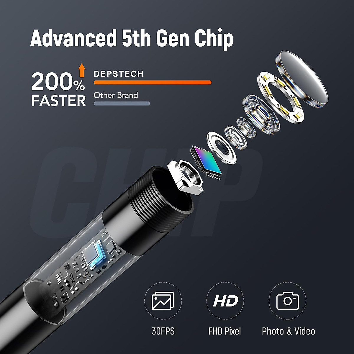 DEPSTECH Endoscope Camera with Lights, 7mm Slim Probe Borescope Inspection Camera with Bluart 3.0 Tech, 16.4ft Semi-Rigid Cable, IP67 Waterproof Snake Camera for IOS 12.0+ Device,Gadget for Men-Yellow