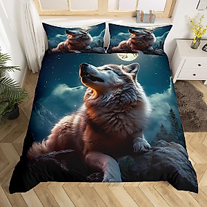 Feelyou Wolf Bedding Set Queen Size, Wolf Animal Duvet Cover Kids Boys Girls Wild Wolf Comforter Cover Kids Wolf Bedspread Cover Soft Quilt Cover 3Pcs(No Comforter)