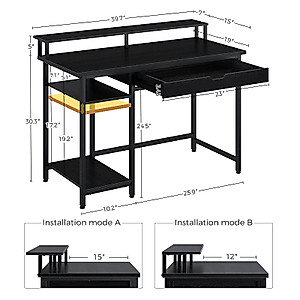Rolanstar Computer Desk with Monitor Stand and Drawer, 39" Home Office Desk, Stable Metal Frame, Business Style, Black