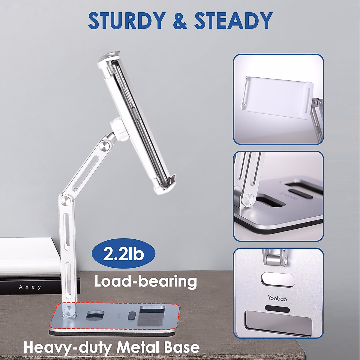 Yoobao Tablet Stand Holder, [Tightness Adjustable] 360° Swivel Foldable Aluminum iPad & Phone Stand for Desk with Heavier Base, Fit for 4.7"-12.9" Microsoft Surface Pro/iPad- Silver