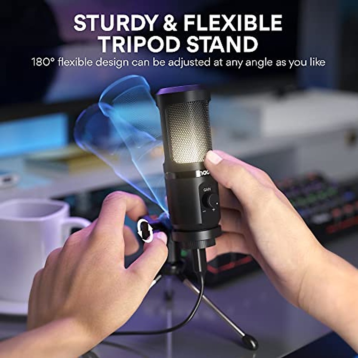 MAONO USB Gaming Microphone for PC, Computer Condenser Mic with Gain Knob, RGB Light, Tripod Stand for Recording, Podcasting, Streaming, Compatible with PS5 PS4 Mac Laptop Desktop (PM461TR RGB)