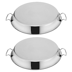 DOITOOL 2Pcs Stainless Steel Steaming Dish Cold Noodle Plate Steamed Rice Tray Round Steaming Tray With Double Handle for Home Kitchen Food Serving