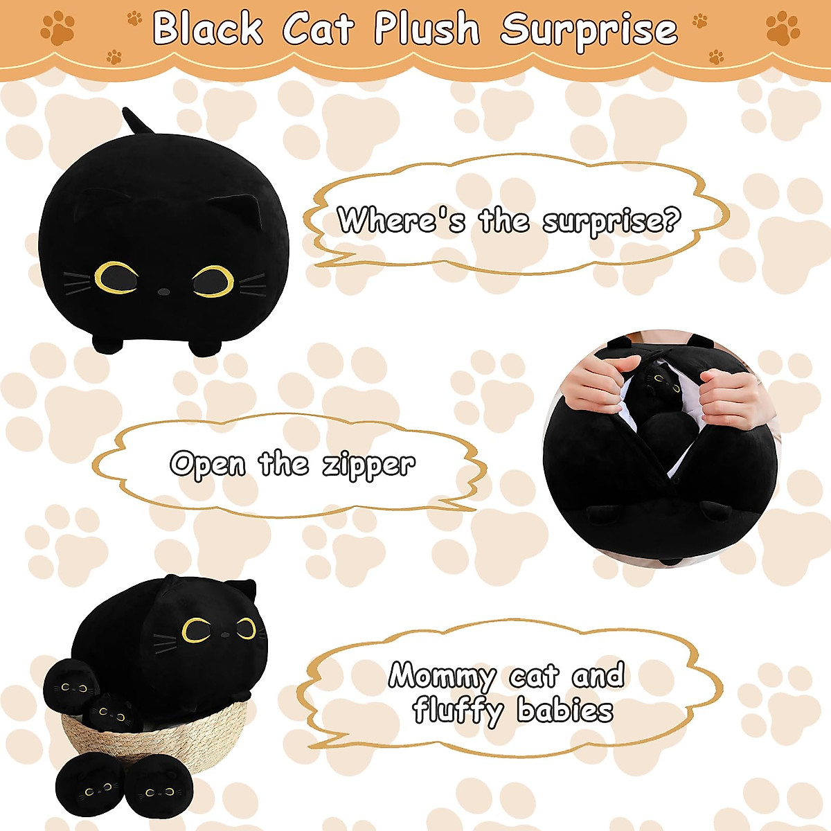 TOYSYM Black Cat Stuffed Animal Mommy Cat Plush Toys with 4 Squishy Baby in Her Tummy Soft Cute Hugging Pillows for Boys and Girls
